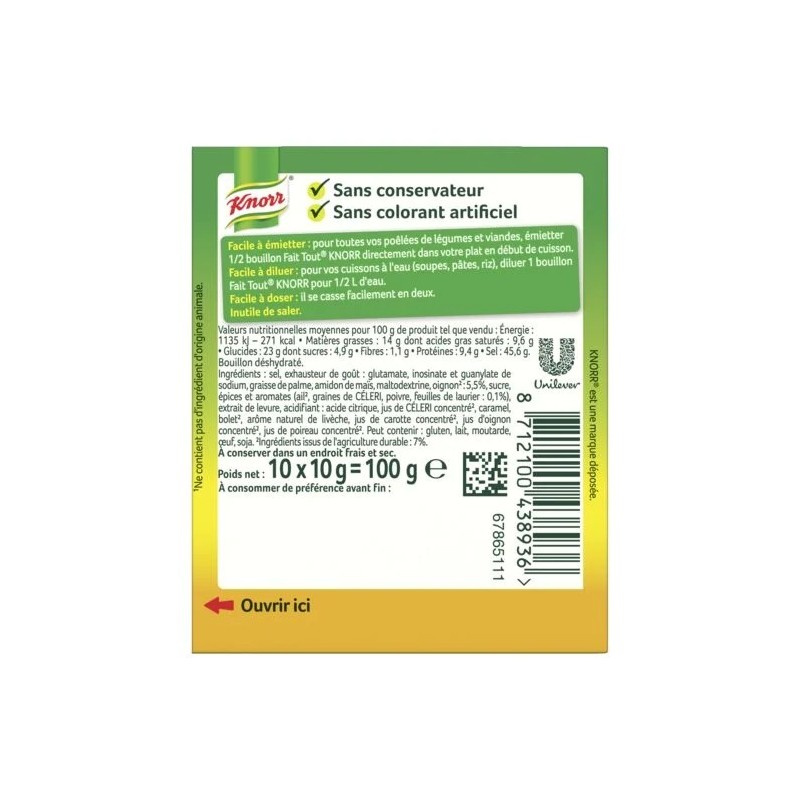 Bouillon 100% végétal Fait Tout KNORR la boite de 10 cubes - 100 g Bouillon 100% végétal Fait Tout KNORR la boite de 10 cubes - 100 g