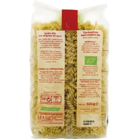 Pâtes tire-bouchons semi-complets Bio JARDIN BIO ETIC le paquet de 500g